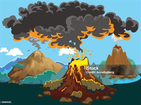 화산 분화 한 자 정도의 변화 또는 위험한 벌 컨 마그마 화산재와 화산 용암 산 벡터 일러스트 레이 션 아래로 흐르는 연기 비행기에서 인사를 깨우기의 집합 재에 대한 스톡