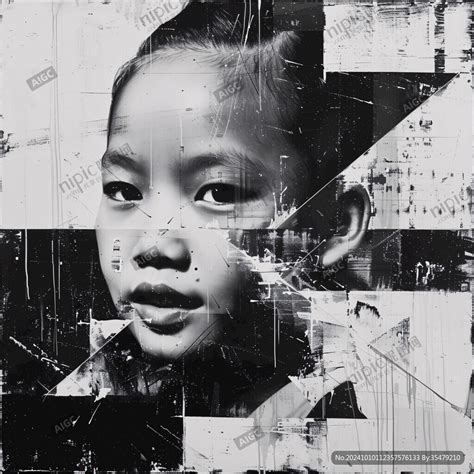 Ai创作图数字肖像 数字肖像插画 拼贴图案效果 数码影像装饰画 的小女孩人相 马赛克肖像 小女孩人相 黑白人物照片 产生的数字图像 马赛克拼贴画 非影像艺术 数码肖像 黑白阵列装饰画 黑白人物