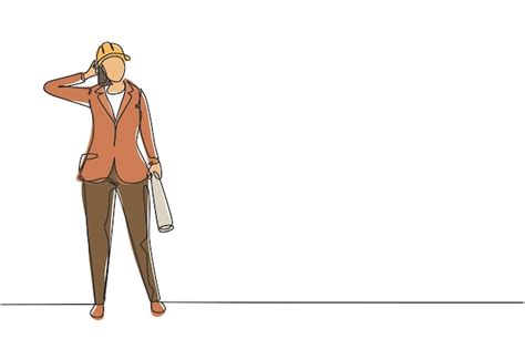 Premium Vector Single Continuous Line Drawing Female Architect Stood