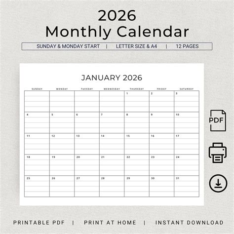 Printable 2026 Monthly Planner With Lines 2026 Calendar Landscape