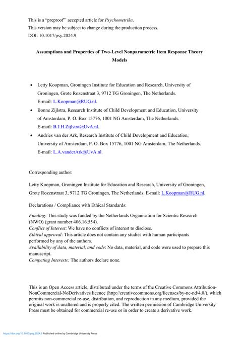 Pdf Assumptions And Properties Of Two Level Nonparametric Item Response Theory Models
