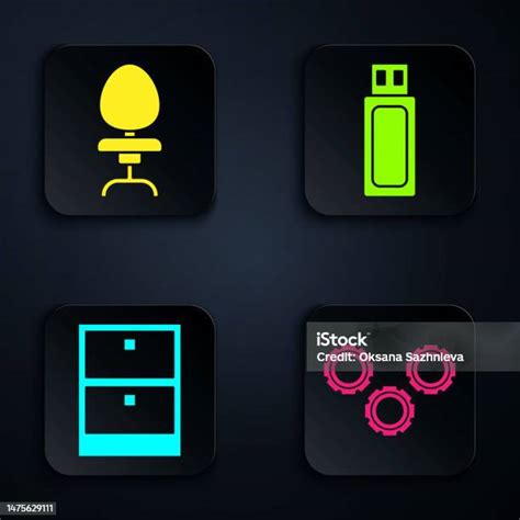 세트 기어 사무실 의자 보관 서류 서랍 및 Usb 플래시 드라이브 블랙 스퀘어 버튼 벡터 Usb 케이블에 대한 스톡 벡터 아트