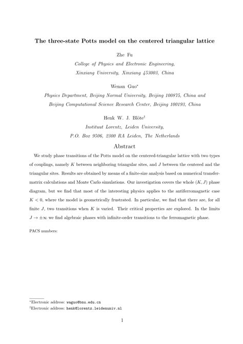 Pdf The Three State Potts Model On The Centered Triangular Lattice