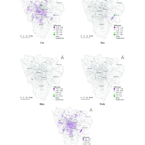 Difference Of Park Accessibility By Four Travel Modes Between Weekdays