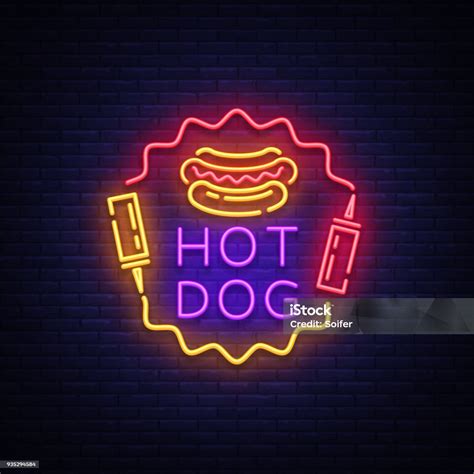 핫도그 네온 사인 벡터 뜨거운 개 네온 스타일 디자인 서식 파일 밤 네온 엠 블 럼 간판 배너 밝은 빛 빛의 카페 레스토랑 스낵 바 바에 대 한 패스트 푸드 밤 광고 네온에