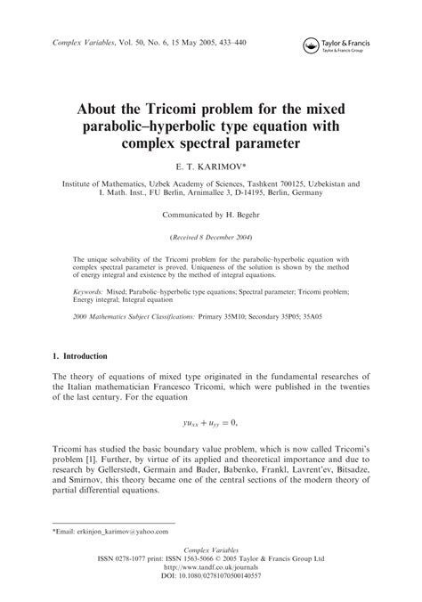 Pdf About The Tricomi Problem For The Mixed Parabolichyperbolic Type