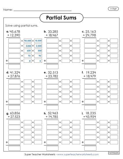 Partial Sums Addition Worksheets