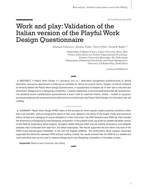 Pdf Work And Play Validation Of The Italian Version Of The Playful