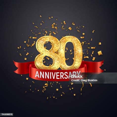 어두운 배경 80에 80 년 기념일 템플릿 빨간 리본 벡터와 색종이 고립 된 디자인 요소와 황금 숫자를 축 하 80에 대한 스톡 벡터 아트 및 기타 이미지 Istock