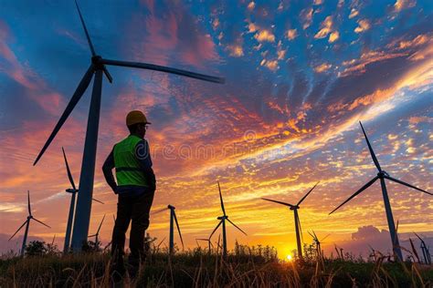 Engineer Inspecting Wind Turbine At Sunset Wind Farm Inspection Worker