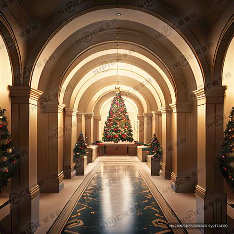 Ai创作图高档酒店长廊道装饰着一道道连着的了圣诞拱门节元素的美陈 细节刻画 明亮清晰 超大广角 俯视视角 画面开阔 构图层次丰富 创意构图 细节丰富 明亮清晰。 昵图网