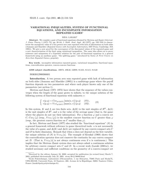 Pdf Variational Inequalities System Of Functional Equations And Incomplete Information