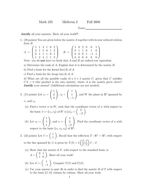 Introduction To Linear Algebra Midterm Exam 2 Fall 2008 Math 235 Docsity