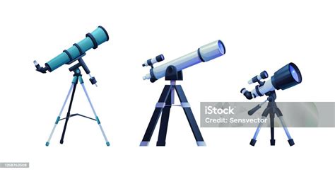 현대 휴대용 세 다리 망원경은 고립 된 천문학 장비 만화 아이콘을 설정합니다 벡터 광학 장치는 탐험 은하 우주 공간을 발견할 수