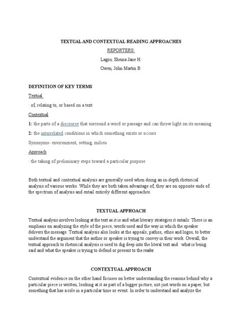 Textual And Contextual Reading Approaches Pdf Rhetoric Experience