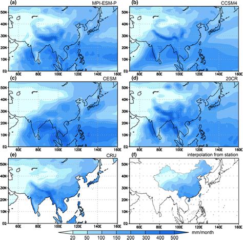 summer precipitation over asia for the a mpi esm p b ccsm4 and c cesm