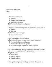 Quiz 2 Pdf Psychology Of Gender Quiz 2 1 Sexism Is Defined As A Sex Role B Gender Role