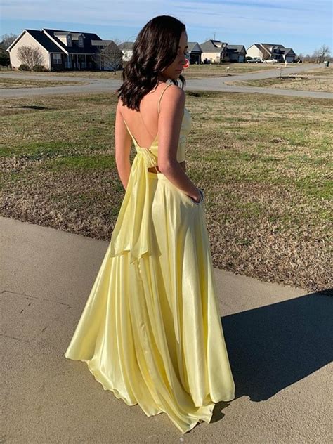Yellow Satin Prom Dress Two Pieces Evening Dresses Long Open Back