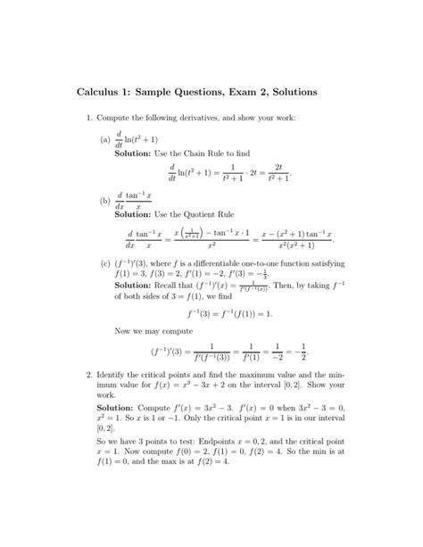 Calculus 1 Exam 2 Sample Questions And Solutions