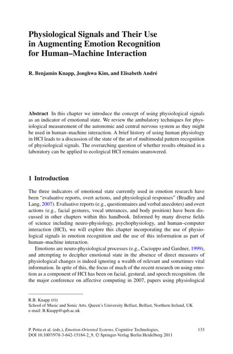 Pdf Physiological Signals And Their Use In Augmenting Emotion Recognition For Human Machine