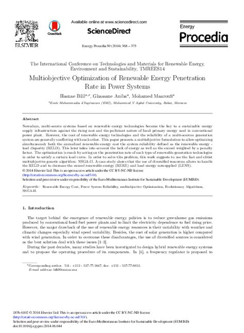 pdf multiobjective optimization of renewable energy penetration rate