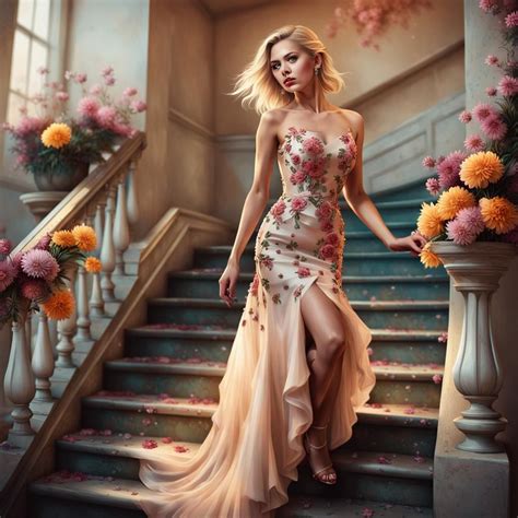Beautiful Blond In A Prom Dress With Flowers On The Stairs Ai