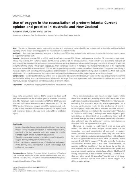 Pdf Use Of Oxygen In The Resuscitation Of Preterm Infants Current