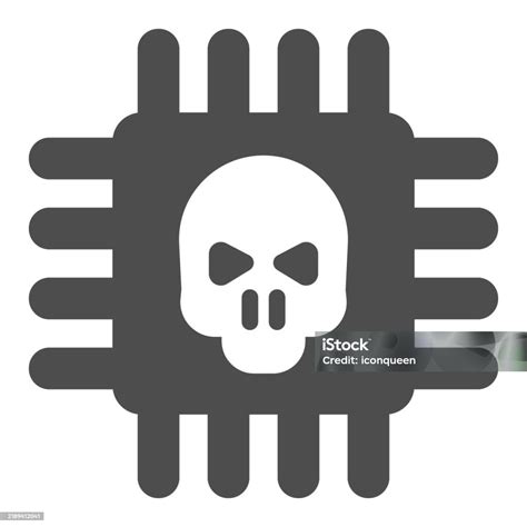 두개골 솔리드 아이콘 해커 공격 개념과 함께 마이크로 칩 벡터 그래픽 해커 악용 도구가 있는 프로세서 흰색 배경에 하드웨어 기호 모바일 또는 웹 디자인용 글리프 스타일