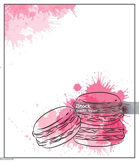 마 카 롱과 핑크 수채화 밝아진의 컨투어 드로잉으로 섬세 한 카드 메뉴 인사말 카드 초대장 및 당신의 디자인에 대 한 벡터 요소 그리기에 대한 스톡 벡터 아트 및 기타