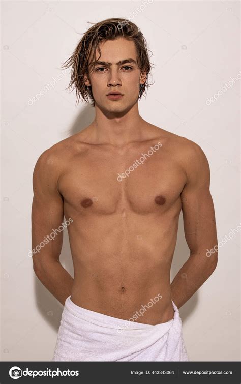 Sexy Sport Muscle Strongface Guy White Towel Grey Isolated Font Stock
