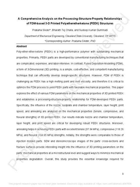 A Comprehensive Analysis On The Processing Structure Property Relationships Of Fdm Based 3 D
