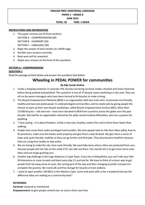 Efal P1 Gr8 June 2013 Notes English First Additional Language Paper