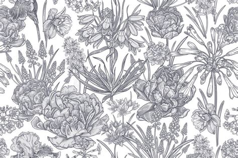 Spring Flowers Tulips Daffodils Primroses Irises Hyacinths Seamless Pattern Vintage