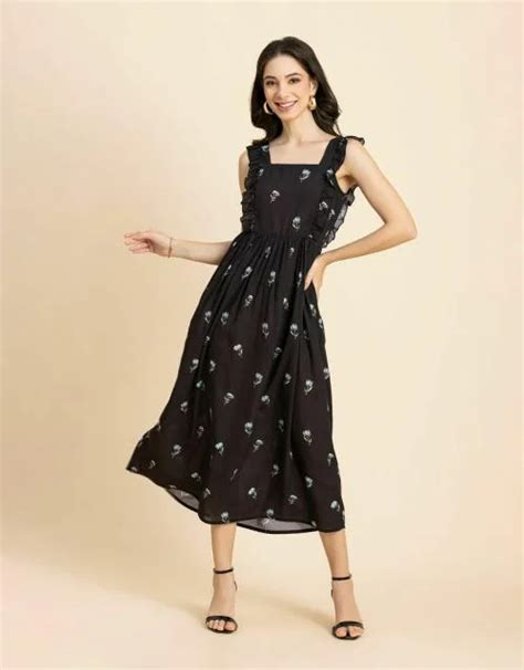 Buy Moomaya Womens Printed A Line Long Dress Ruffled Square Neck Maxi