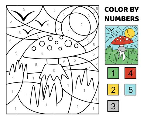 아마니타 버섯 숫자에 따라 색칠 페이지 어린이용 게임 만화 ⁇ 터 고립된 ⁇ 터 일러스트레이션 Eps 10 프리미엄 벡터