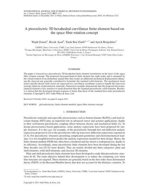 Pdf A Piezoelectric 3d Hexahedral Curvilinear Finite Element Based On The Space Fiber Rotation