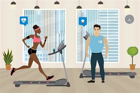 슬림 한 아프리카 계 미국인 여자는 러닝 머신에서 실행 근처 피트니스 트레이너 체육관 인테리어 심장 운동 피트니스 운동 신체 활동 가냘픈에 대한 스톡 벡터 아트 및 기타