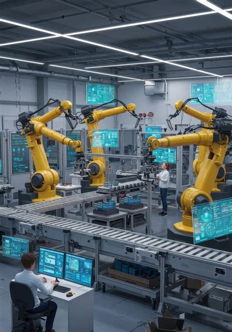 Modern Factory Automation With Yellow Robots And Human Operators Stock Illustration