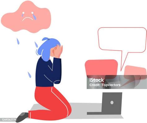 우울한 울고 십대 소녀 메시지 거품에 둘러싸여 노트북바닥에 앉아 사이버 왕따 십대 사춘기 문제 개념 벡터 일러스트 고독 부정적인 감정 표현에 대한 스톡 벡터 아트 및 기타