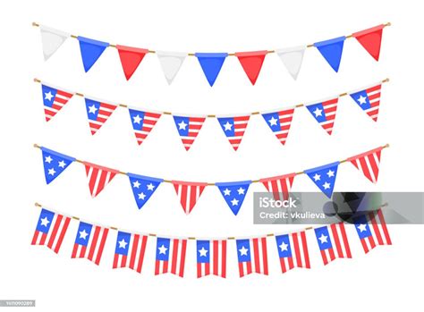 미국 국기 화환 세트 미국 애국적인 페넌트 체인 컬렉션 미국 파티 번들링 장식 축하를위한 미국 국기 벡터 바닥글 배경입니다 매달기에 대한 스톡 벡터 아트 및 기타 이미지