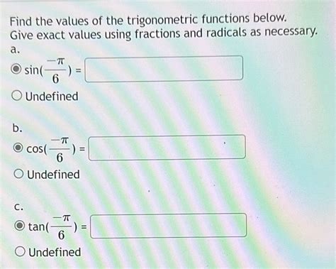 Solved Find The Values Of The Trigonometric Functions Below Give Exact Values Using Fractions