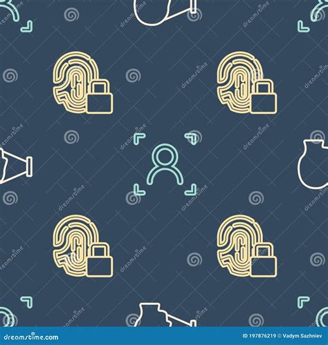 Set Line Face Recognition Fingerprint With Lock And On Seamless Pattern Vector Stock Vector