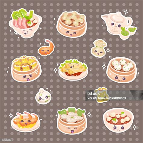 중국어 딤섬 귀여운 가와이이 벡터 문자 세트 웃는 얼굴로 아시아 전통 요리 동양 요리 야채만두 재미있는 이모티콘 이모티콘 고립 된 만화 색상 일러스트 딤섬에 대한 스톡 벡터