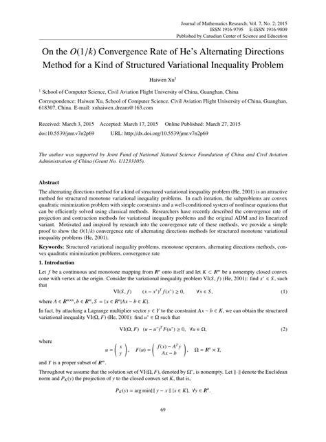 Pdf On The O 1 K Convergence Rate Of Hes Alternating Directions Method For A Kind Of