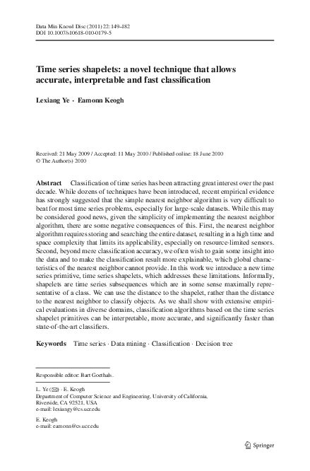 Pdf Time Series Shapelets A Novel Technique That Allows Accurate