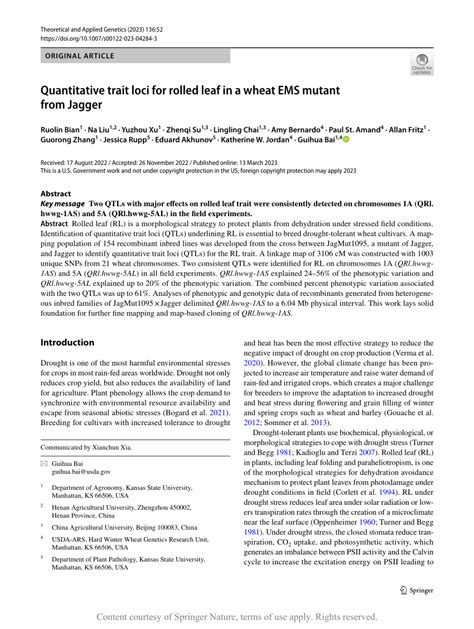 Quantitative Trait Loci For Rolled Leaf In A Wheat Ems Mutant From Jagger Request Pdf