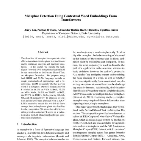 Metaphor Detection Using Contextual Word Embeddings From Transformers Acl Anthology