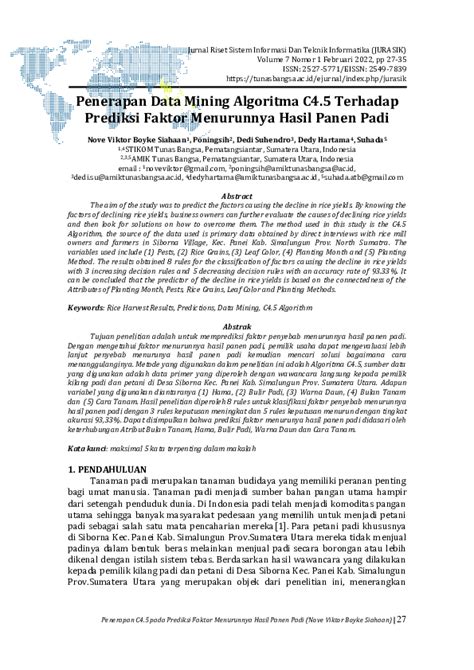 Pdf Penerapan Data Mining Algoritma C45 Terhadap Prediksi Faktor Menurunnya Hasil Panen Padi
