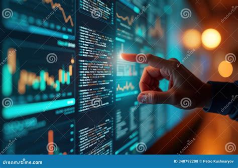 Person Interacts With Digital Interface Interactive Display Shows Data Graphs Codes Techy