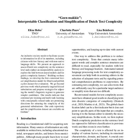 Geen Makkie” Interpretable Classification And Simplification Of Dutch Text Complexity Acl